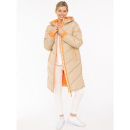 Zwillingsherz Damen Steppmantel ""Happy Vibes"", beige, Gr. L, Obermaterial: 100% Polyester, M&auml;ntel, Print an Kapuze, farbigen Details und Zippern