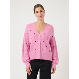 Y.A.S Damen Strickjacke "YASFLEUR LS KNIT CARDIGAN S. NOOS"begonia pink detail:winetasting hearts, Gr. L, Strick, Obermaterial: 52% Polyester, 26%