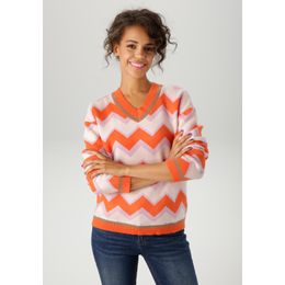 Strickpullover Aniston CASUAL, Damen, Gr. 38, gold (orange, flieder, ros&eacute;, goldfarben), Strick, Obermaterial: 49% Viskose, 26% Polyamid, 24% Polyester, 1% metallisierte Fasern, Glanzfaden, Jacquardmuster, l&auml;ssig geschnitten h&uuml;ftlang, V-Ausschnitt, Rippstrickb&uuml;ndchen, Pullover Strickpullover, im interessantem Zick-Zack-Muster, Topseller