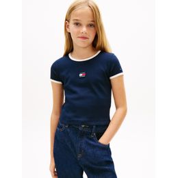 T-Shirt Tommy Hilfiger, M&auml;dchen, Gr. 12 (152), schwarz night navy, Single Jersey, Obermaterial: 98% Baumwolle, 2% Elasthan, unifarben, regular fit kurz, Rundhals, eingesetzt angesetztes B&uuml;ndchen, Shirts T-Shirt, Kinder bis 16 Jahre, mit Rundhalsausschnitt