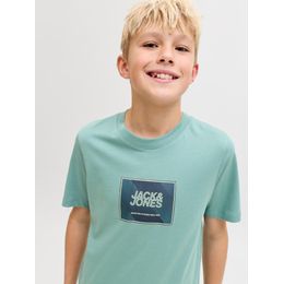 Jack & Jones T-Shirt JACK & JONES JUNIOR "JJRAIN TEE SS CREW NECK JNR", Jungen, Gr. 128, mineral blau, Single Jersey, Obermaterial: 100% Baumwolle, bedruckt, unifarben, regular fit normal, Rundhals, Shirts T-Shirt, mit Logoprint