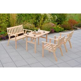 Merxx Garten-Essgruppe &raquo;Sylt&laquo; 2x Sessel, 1x Bank, 1x Tisch, 4 Stk. tlg. Kiefernholz beige Massivholz