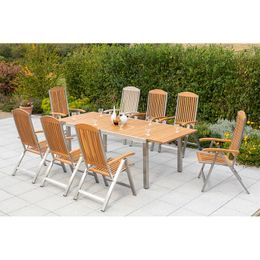 Merxx Garten-Essgruppe &raquo;Keros&laquo; 9 Stk. tlg. 8 Klappsessel mit ausziehbarem Tisch braun Edelstahl, FSC -zertifiziertes Massivholz