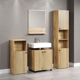 Welltime Badm&ouml;bel-Set &raquo;Amrum Waschbeckenunterschrank Spiegel Hochschrank Badschrank&laquo; Komplett-Set, 4 Stk. tlg. braun Holzwerkstoff, Kunststoff, Metall