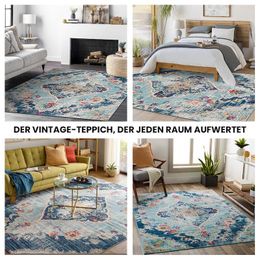 Teppich &raquo;ADEN&laquo; rund 10 mm H&ouml;he Vintage Orientteppich, Kurzflor Boho Wohnzimmerteppich, L&auml;ufer blau Kunstfaser