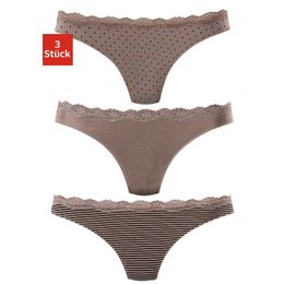 Lascana Damen Lascana String 3er-Pack, aus elastischer Baumwolle mit zarter Spitze grau 32/34