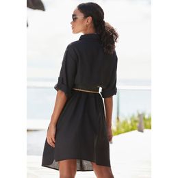 Lascana Damen Lascana Longbluse aus leichter Webware mit Leinenanteil, luftiges Blusenkleid schwarz 34