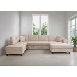 Wohnlandschaft TRENDS BY HG "Moritz, U-Form", b800 zoom 1 cream,, B:324cm H:86cm T:178cm, 92% Polyester;8% Nylon, Sofas, Wohnlandschaft, inkl. Bettfunktion und Bettkasten, inkl. 2 Zierkissen
