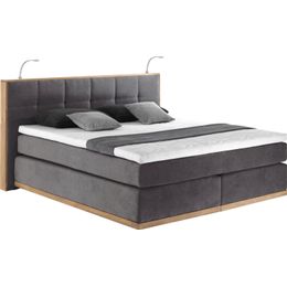 Boxspringbett Home Affaire "Vinton", grau (charcoal), B:220cm L:213cm, Komplettbetten, Boxspringbett, aus Eiche, mit LED-Beleuchtung, verschiedene H&auml;rtegrade (auch H4)