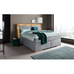 Boxspringbett Home Affaire "Cup", grau (light grau), B:230cm L:206cm, Bezug: Luxus-Microfaser (100% Polyester);Bezug: Microfaser (100% Polyester), Komplettbetten, Boxspringbett, mit LED-Beleuchtung, Massivholzrahmen und Topper, in 2 H&auml;rtegraden