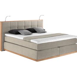 Boxspringbett Home Affaire "Vinton", beige, B:220cm L:213cm, Komplettbetten, Boxspringbett, aus Eiche, mit LED-Beleuchtung, verschiedene H&auml;rtegrade (auch H4)
