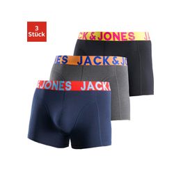 Jack & Jones Boxer JACK & JONES "JACCRAZY im Dreierpack mit kontrastfarbenem Bund und Stretchkomfort", Herren, Gr. XL, 3 Stk., blau (schwarz, grau, blau), Jersey, Obermaterial: 95% Baumwolle, 5% Elasthan, unifarben mit Farbeinsatz, Unterhosen, unifarben mit Farbeinsatz, modisch, eng anliegend, Baumwollmischung, Topseller