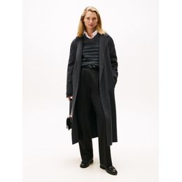 Wollmantel Tommy Hilfiger "DF WOOL REG BELTED MIDI COAT", Damen, Gr. 40, dunkelgrau heather, Web, Obermaterial: 60% Wolle, 40% Polyester, meliert, wadenlang, V-Ausschnitt, M&auml;ntel, mit Wolle
