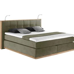 Boxspringbett Home Affaire "Vinton", gr&uuml;n (olive), B:180cm L:213cm, Komplettbetten, Boxspringbett, aus Eiche, mit LED-Beleuchtung, verschiedene H&auml;rtegrade (auch H4)