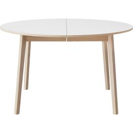 Esstisch HAMMEL FURNITURE "Basic Single, rund/oval, ausziehbar &Oslash;130&ndash;228 cm, mit 2 Einlegeplatten", wei&szlig; (wei&szlig;, naturfarben, naturfarben, wei&szlig;), B:130cm H:76cm T:130cm, Tischplatte: Wei&szlig;es Melamin mit wei&szlig; pigmentierter Eichenkante (Mattlack), Gestell: Eiche massiv wei&szlig; pigmentiert, Tische, Esstisch, Melamin/Massivholz &ndash; ideal f&uuml;r Familien, langlebig, Scandi Design