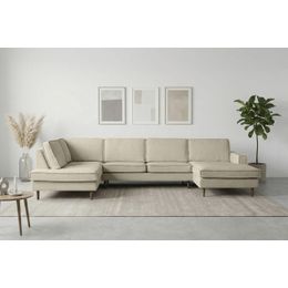Wohnlandschaft Home Affaire "Pinto Skandi, 350 cm, U-Form, XXL, mit Ottomanen", creme, B:349cm H:89cm T:206cm, 100% Polyester, Sofas, Wohnlandschaft, mit Keder, Massivholzf&uuml;&szlig;e Eiche ger&auml;uchert, Wellenunterfederung