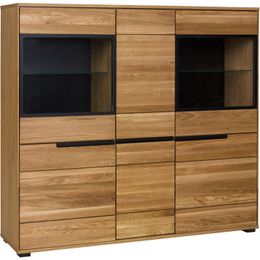Highboard Home Affaire, braun, B:162,5cm H:146,5cm T:40,5cm, Holz teilmassiv, Sideboards, Highboard, Aluglast&uuml;ren in Schwarz, T&uuml;ren mit dampfer, dunklen Innenr&uuml;ckseite