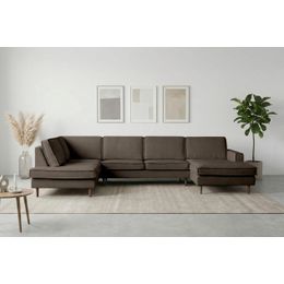 Wohnlandschaft Home Affaire "Pinto Skandi, 350 cm, U-Form, XXL, mit Ottomanen", braun, B:349cm H:89cm T:206cm, 100% Polyester, Sofas, Wohnlandschaft, mit Keder, Massivholzf&uuml;&szlig;e Eiche ger&auml;uchert, Wellenunterfederung