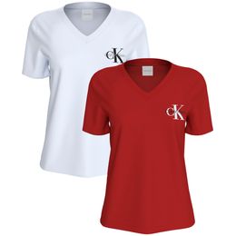 T-Shirt Calvin Klein Jeans "A- Logo VN 2 pack Tee", Damen, Gr. L (42), adrenaline rush, brilliant wei&szlig;, Single Jersey, Obermaterial: 100% Baumwolle, unifarben, regular fit normal, V-Ausschnitt, eingesetzt abgesteppte Kante, Shirts T-Shirt, Mit V-Ausschnitt