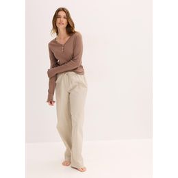 bonprix Loungewear Rippshirt mit gewebter Hose, braun, 100% Baumwolle