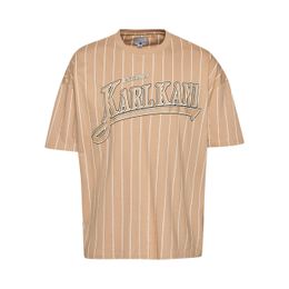 T-Shirt Karl Kani "Karl Kani Herren KM234-001-2 KK Trekking Boxy Pinstripe Tee", Damen, Gr. XS, sand, wei&szlig;, 100% Baumwolle, gestreift, oversize, Rundhals, Shirts T-Shirt