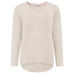 Sweatshirt Zwillingsherz "Positive Mind", Damen, Gr. L/XL, light beige, angeraute Sweatware, Obermaterial: 70% Baumwolle, 30% Polyester, normal h&uuml;ftlang, V-Ausschnitt, Sweatshirts Sweatshirt, mit Kontrastnaht in Neonfarbe