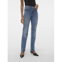 V&eacute;ro Moda Straight-Jeans VERO MODA "VMFLASH MR STRAIGHT JEANS LI347 GA NOOS", Damen, Gr. XL (42), L&auml;nge 32, blau (medium blau denim), Denim/Jeans, Obermaterial: 89% Baumwolle, 9% Elastomultiester, 2% Elasthan, unifarben, straight fit lang, Jeans Straight-Jeans, Baumwollmischung mit Stretch, regular waist, straight fit