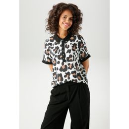 Kurzarmbluse Aniston CASUAL, Damen, Gr. 36, wollwei&szlig;, schwarz, hellbraun, Web, Obermaterial: 100% Viskose, bedruckt, gemustert, l&auml;ssig geschnitten h&uuml;ftlang, Rippb&uuml;ndchen, Blusen, im extravaganten Animal-Print- jedes Teil ein Unikat