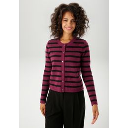 Strickjacke Aniston CASUAL, Damen, Gr. 34, rot (bordeaux, schwarz), Strick, Obermaterial: 75% Polyacryl, 22% Polyester, 3% Elasthan, geringelt, gestreift, l&auml;ssig geschnitten kurz, Rundhals, Rippstrickb&uuml;ndchen, Strickjacken Strickjacke, im Streifen-Dessin
