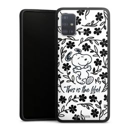DeinDesign Galaxy A51 Handy Premium Silikon H&uuml;lle Handyh&uuml;lle schwarz Case Peanuts Flowers Snoopy Silikon Premium Case
