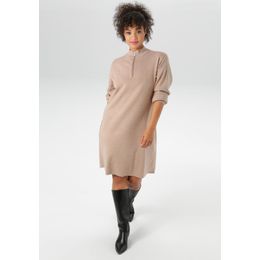 Strickkleid ANISTON PLUS, Damen, Gr. 54, N-Gr, braun (camel), Strick, Obermaterial: 50% Viskose, 28% Polyester, 22% Polyamid, unifarben, figurumspielend kniebedeckend, Rippstrickb&uuml;ndchen, Kleider Strickkleid, mit Stehkragen und Rei&szlig;verschluss