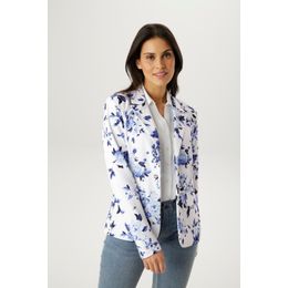 Jerseyblazer Aniston SELECTED, Damen, Gr. 48, wei&szlig;, hellbau, blau, dunkelblau, Jersey, Obermaterial: 95% Polyester, 5% Elasthan, bedruckt, gebl&uuml;mt, gemustert, figurbetont h&uuml;ftbedeckend, Blazer, mit floralem, romantischen Blumendruck - NEUE KOLLEKTION