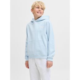 Jack & Jones Kapuzensweatshirt JACK & JONES JUNIOR "JORNORREBRO TYPO BACK SWEAT HOOD SN JNR", Jungen, Gr. 152, blau (skyway), angeraute Sweatware, Obermaterial: 89% Baumwolle, 11% Polyester, bedruckt, relaxed fit normal, Rundhals, Rippb&uuml;ndchen, Sweatshirts, Baumwollmischung, relaxed fit, Langarm