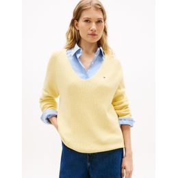 Strickpullover Tommy Hilfiger "CO CARDI STITCH V-NK LS", Damen, Gr. XXXL(46), zesty gelb, Strick, Obermaterial: 100% Baumwolle, unifarben, normal h&uuml;ftlang, V-Ausschnitt, Raglan&auml;rmel Strickb&uuml;ndchen, Pullover Strickpullover, mit Logostickerei