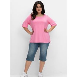 T-Shirt sheego "T-Shirt", Damen, Gr. 44, rosa (blumiges pink), 95% Viskose, 5% Elasthan, unifarben, eckiger Ausschnitt, Shirts T-Shirt