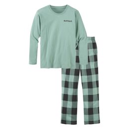 Pyjama Buffalo, M&auml;dchen, Gr. 122/128, salbei, schwarz kariert, Jersey, Obermaterial: 100% Baumwolle, kariert, Basic, bequem lang, Rundhals, abgesteppte Kante, Homewear-Sets Pyjama, Schlafanzug im coolen Karolook