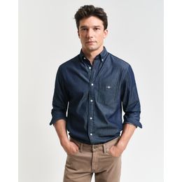 Langarmhemd Gant "Regular Fit Denimhemd Jeanshemd pflegeleicht", Herren, Gr. 4XL, N-Gr, schwarz indigo, Web, Obermaterial: 100% Baumwolle, regular fit, Hemden