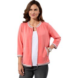 Damen Sweatjacke mit gestreiften B&uuml;ndchen koralle, Gr&ouml;&szlig;e 48