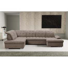 Wohnlandschaft WERK2 "Kordula-New Multifunktion Couch, Breite 332cm, bequem, U-Form", beige, B:332cm H:105cm T:217cm, 95% Polyester, 5% Nylon, Sofas, Wohnlandschaft, Sofa in U-Form mit Schlaffunktion & Bettkasten, Schlafcouch