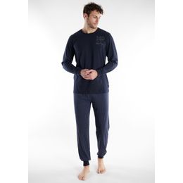 Schlafanzug Tom Tailor "Rhodos", Herren, Gr. 58 (XXXL), blau (blau, mittel, allover), Obermaterial: 100% Baumwolle, gepunktet, bequem normal, Rundhals, breiter Bund, Homewear-Sets Schlafanzug, Langarm, Rundhalsausschnitt, gepunktet, basic, Baumwolle