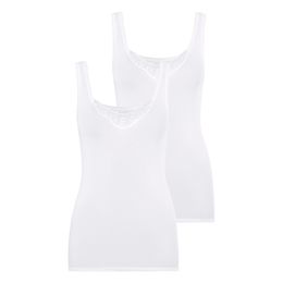 Unterhemd Schiesser "Cotton Essentials", Damen, Gr. 44, N-Gr, wei&szlig; (100, wei&szlig;), Feinripp, Obermaterial: 100% Baumwolle, unifarben, k&ouml;rpernah, Rundhals, Unterhemden Unterhemd, mit zwei unterschiedlichen Batist-Stickerei-Motiven