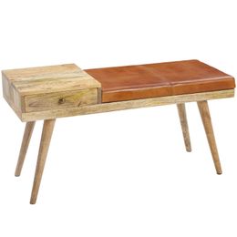 Wohnling WL5.322 Sitzbank Ziegenleder / Massivholz 100x52x38 cm im Retro Stil mit Stauraum Braun