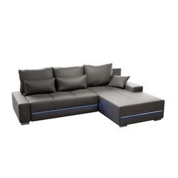 Juskys Sofa Davos Rechts - Bequemes Ecksofa mit Schlaffunktion, Bettkasten, Samt & LEDs - Hellgrau