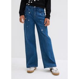 bonprix Wide-Leg-Jeans mit Stickerei Mid Waist, blau, mit Baumwolle