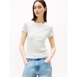 Kurzarmshirt Tommy Jeans "TJW SLIM ESSENTIAL RIB SS EXT", Damen, Gr. M (38), misty sage, stripe, Single Jersey, Obermaterial: 95% Baumwolle, 5% Elasthan, gestreift, slim fit kurz, Rundhals, abgesteppt, Shirts, mit gerippter Struktur