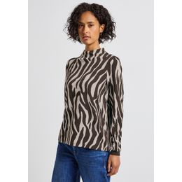 Langarmshirt Street One, Damen, Gr. 38, braun (deep roast braun), Stoff, 63% Polyester, 34% Viskose, 3% Elasthan, normal normal, Rundhals, abgesteppt, Shirts Langarmshirt, mit Zebra-Print