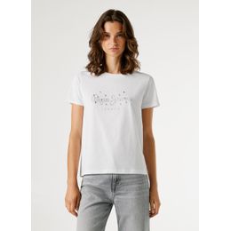 T-Shirt Pepe Jeans "BRADY", Damen, Gr. L, 800wei&szlig;, Single Jersey, Obermaterial: 100% Baumwolle, normal, Rundhals, abgesteppte Kante, Shirts T-Shirt, mit Rundhals, Nietenapplikation