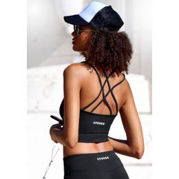 Crop-Top Copenhagen Studios, Damen, Gr. L (44/46), schwarz, Obermaterial: 78% Polyester, 22% Elasthan, unifarben, figurbetont taillenlang, tiefer Rundhals, Tops, mit gekreuzten Tr&auml;gern und herausnehmbaren Pads