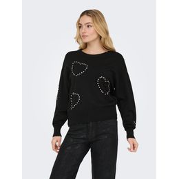 Rundhalspullover Only "ONLBEE LS HEART BLING O-NECK CC KNT", Damen, Gr. XL, schwarz detail:silber bling, Strick, Obermaterial: 80% Viskose, 20% Polyester, unifarben, regular fit normal, Rundhals, Pullover Rundhalspullover, mit Glitzersteinen