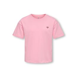Kurzarmshirt KIDS Only "KOGMAIKEN LIFE CROPHEART SS TOP JRS NOOS", M&auml;dchen, Gr. 134/140, romance rose print:heartemb, rose braun, Jersey, Obermaterial: 100% Baumwolle, regular fit h&uuml;ftlang, Rundhals, abgesteppte Kante, Shirts, mit kleinem Herzchenmotiv auf der Brust